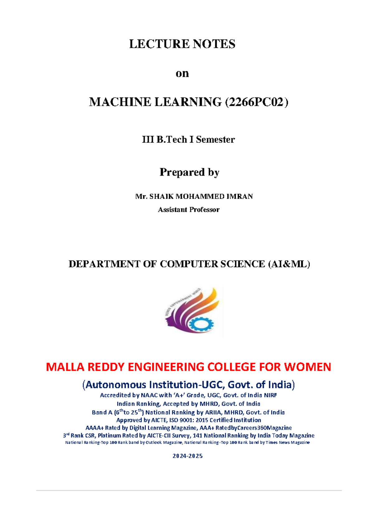 LECTURE NOTES on MACHINE LEARNING (2266PC02) B.Tech I Sem - Studocu