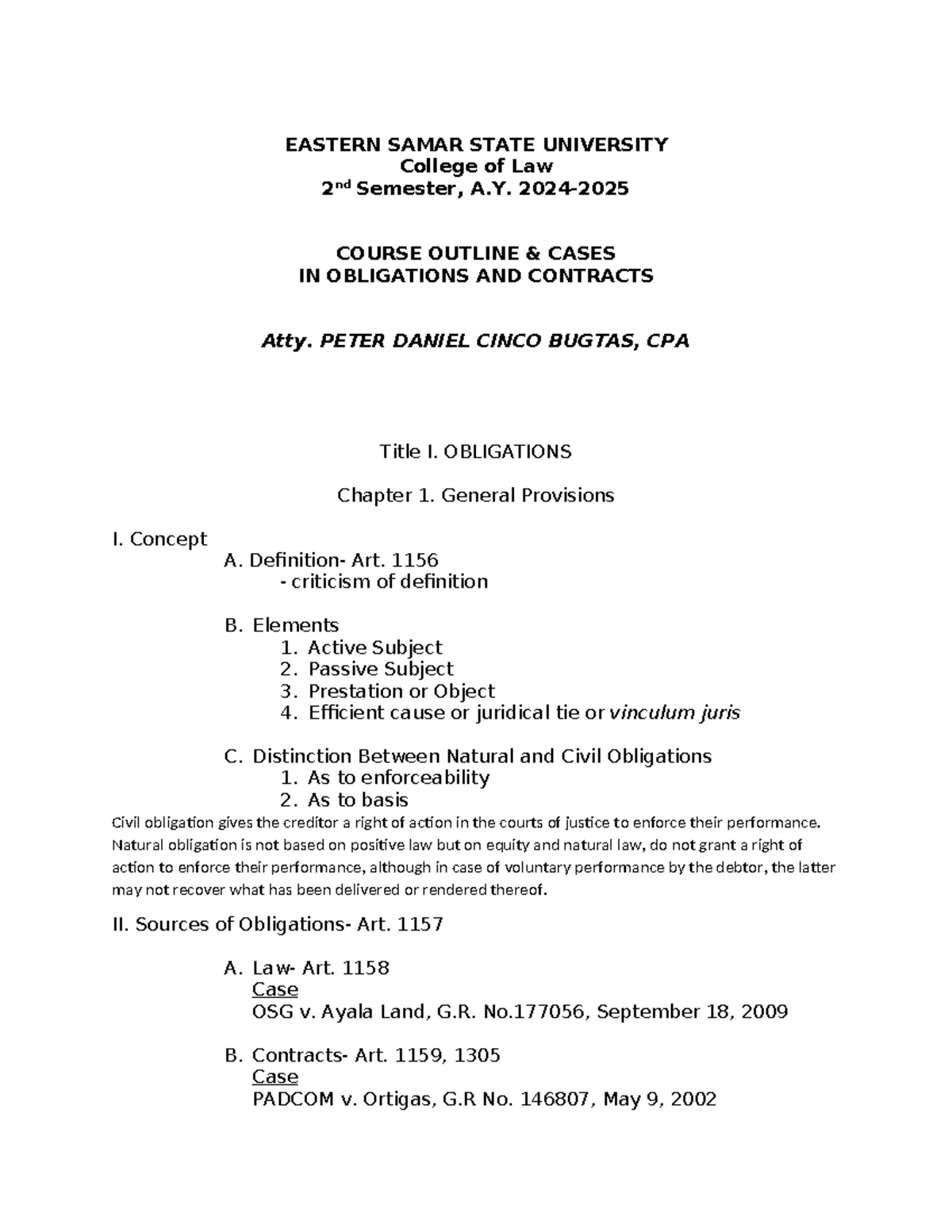 EASTERN SAMAR STATE UNIVERSITY LAW 2ND SEM: OBLIGATIONS & CONTRACTS ...