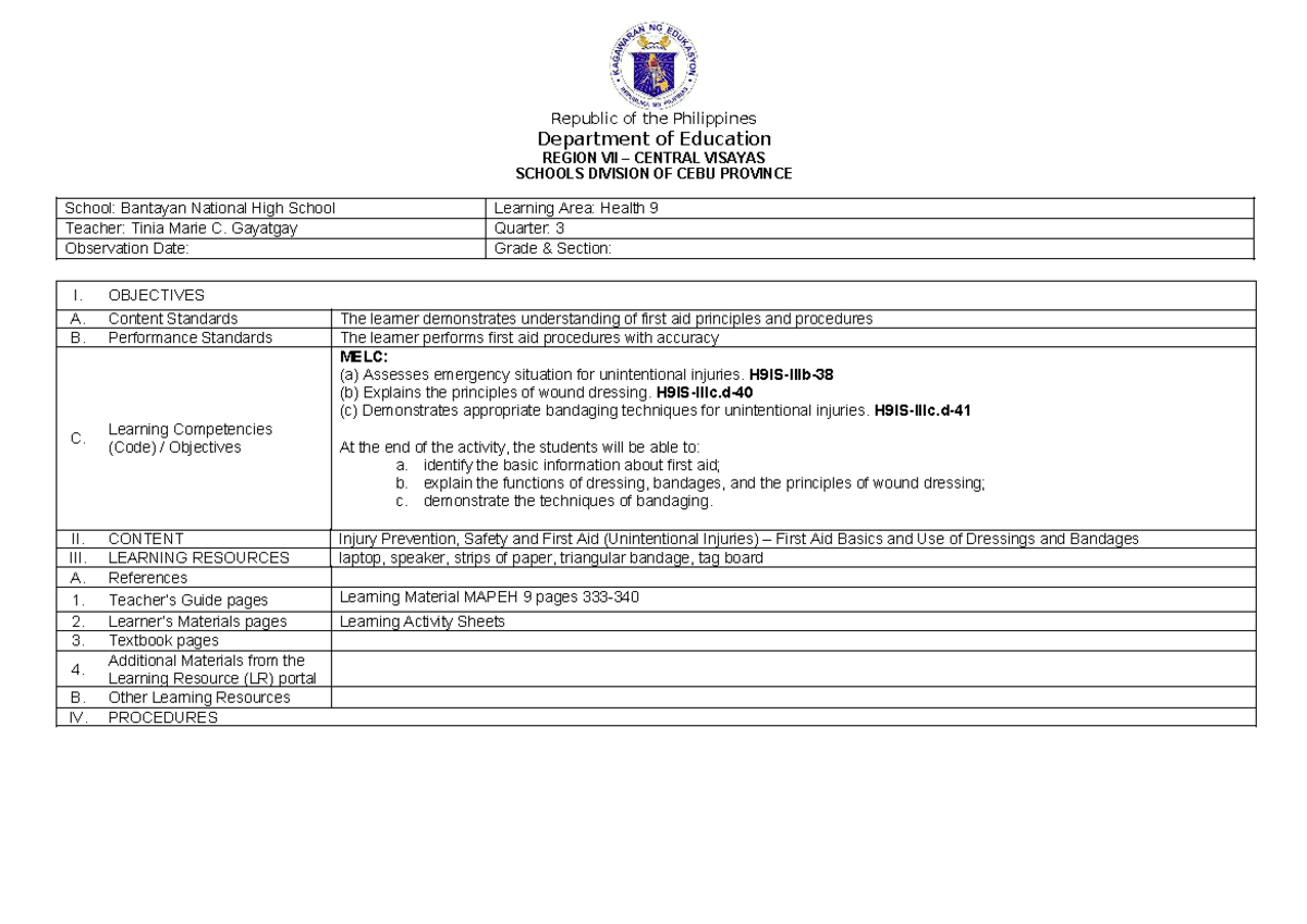 Health 9 Lesson Plan: First Aid Basics and Techniques - Studocu