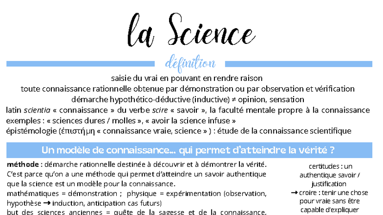Fiche sur La Science : Définition et Méthodes Épistémologiques - Studocu