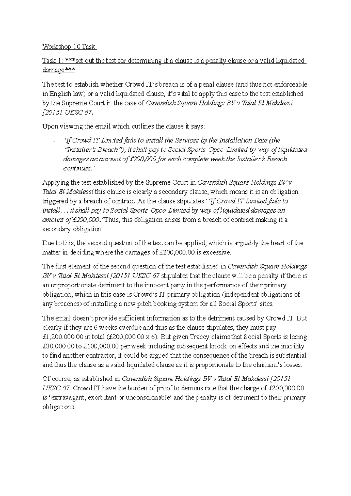 Workshop 10 Task: Analyzing Penalty vs. Liquidated Clauses in Contract ...