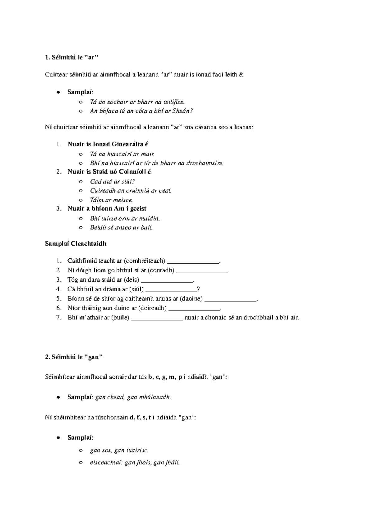 Grammar 2 - Séimhiú le "ar", "gan", agus "idir" Samplaí & Cleachtaidh ...