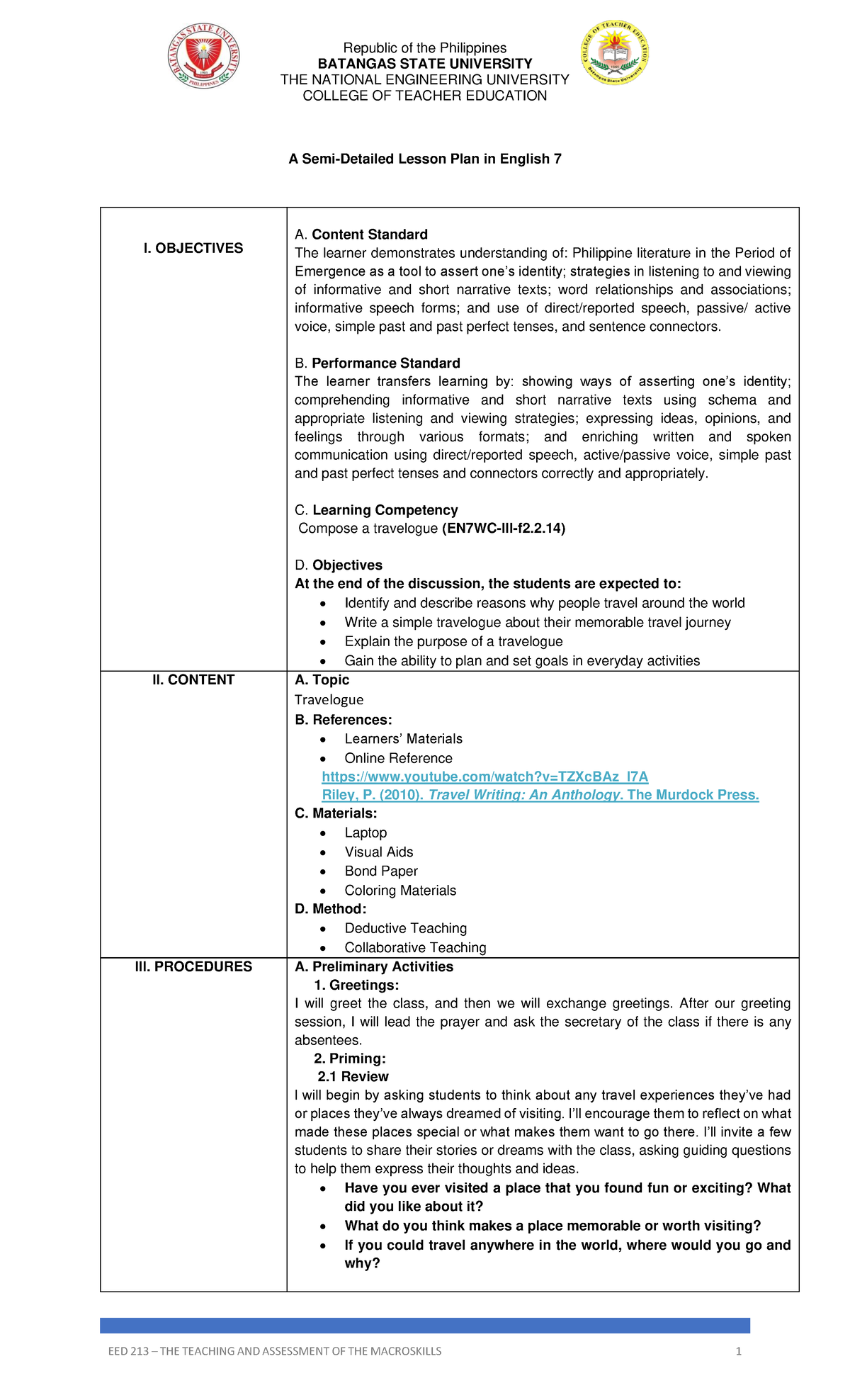 Semi-Detailed Lesson Plan on Travelogues - BSED-ENG 2101 - Studocu