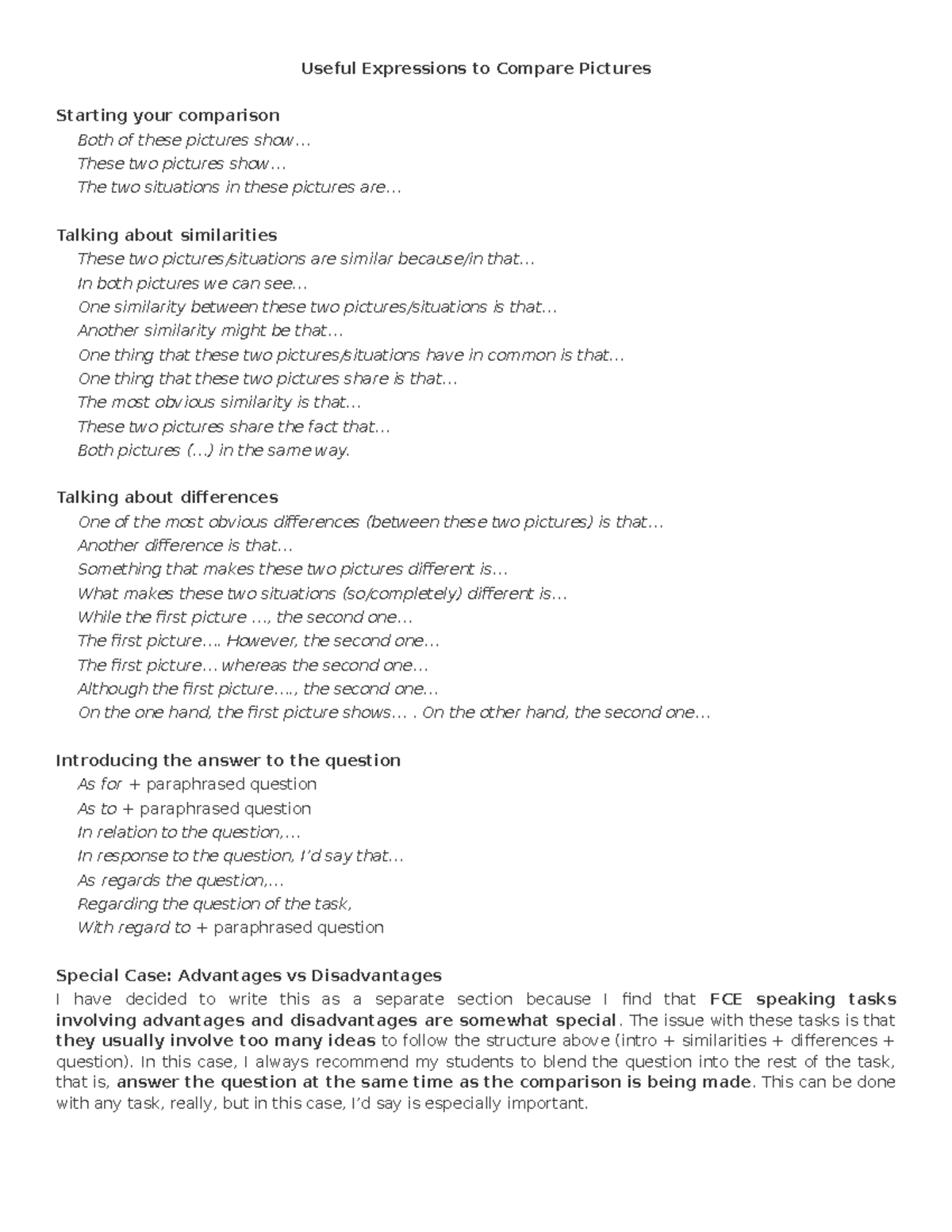 FCE Speaking B2 Part 2: Comparing Pictures & Useful Expressions - Studocu