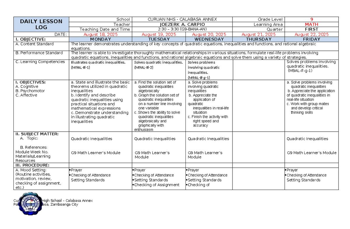 DLL - G9 WEEK 5 - Math: Quadratic Inequalities Lesson Plan - Studocu