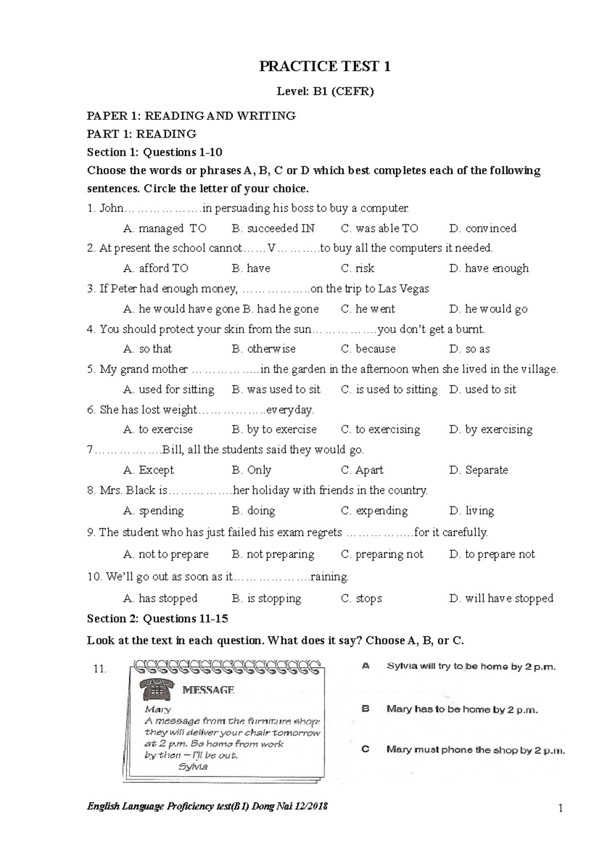 Bài luyện Level B1: Practice Test 1 for Reading & Writing - Studocu