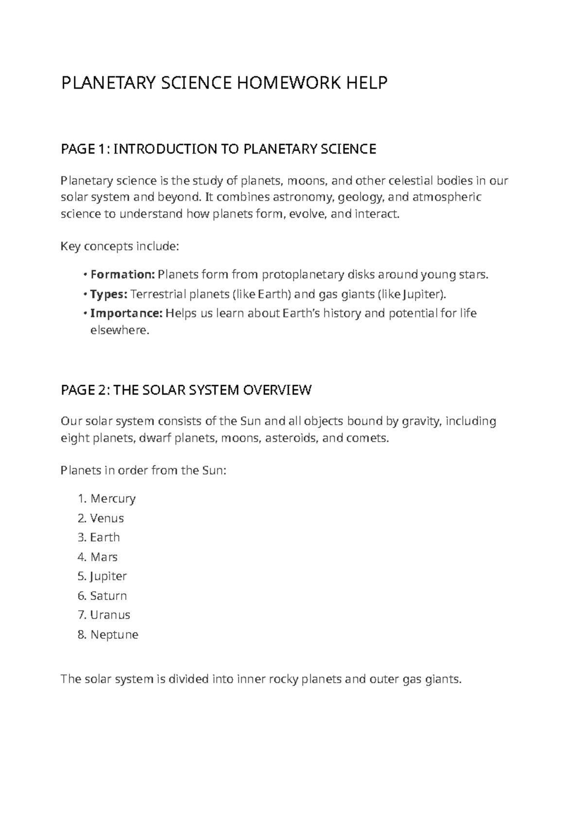 PLANETARY SCIENCE HW HELP: INTRO TO PLANETS & SOLAR SYSTEM - Studocu