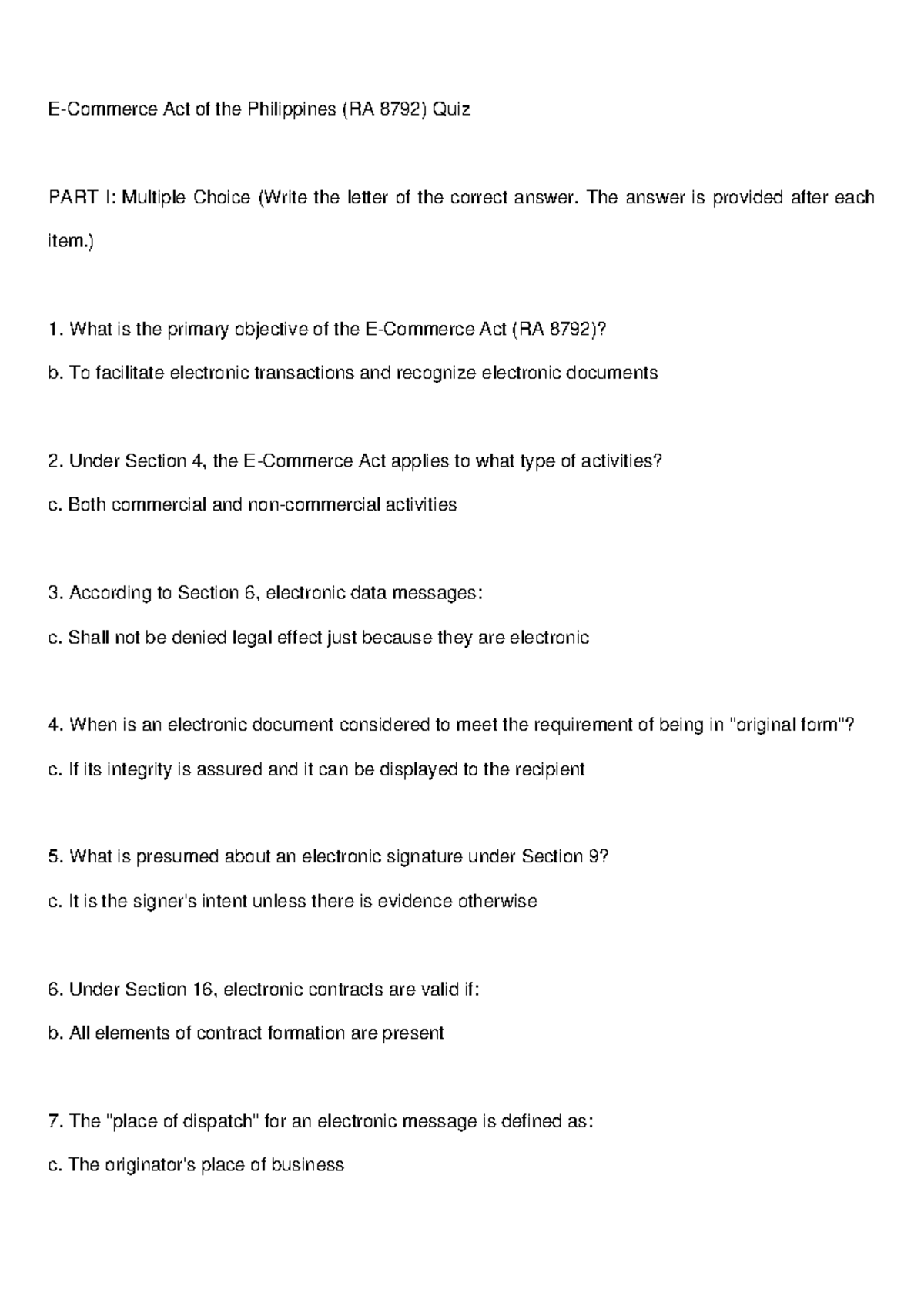 E-Commerce Act Quiz RA 8792: Multiple Choice & True/False Questions ...