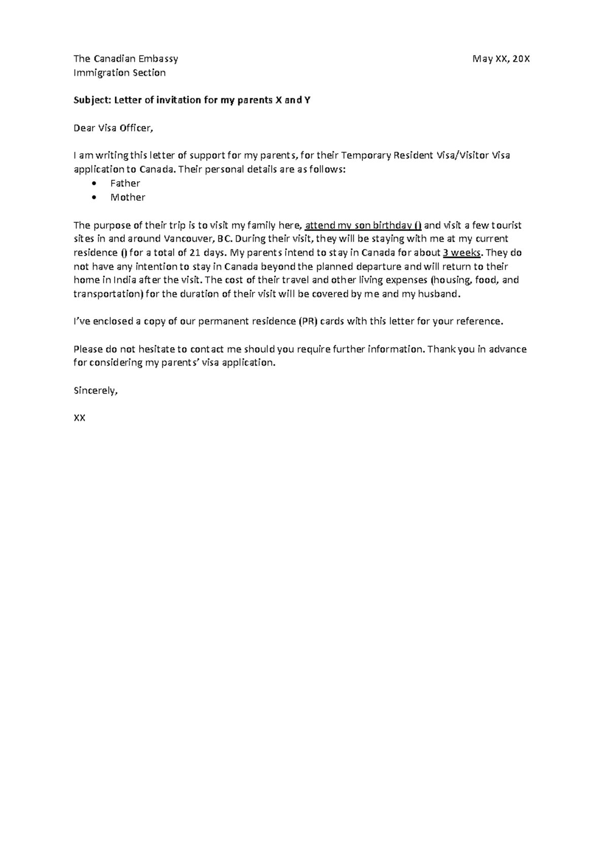 Letter of Invitation for Parents - Visa Support Sample - Studocu
