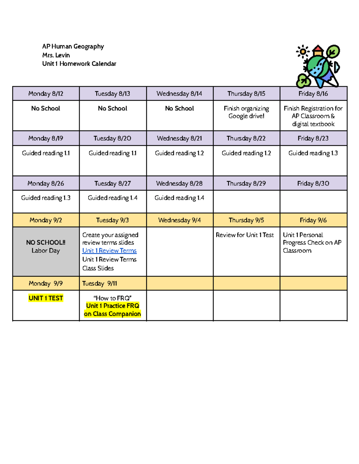 '24-25 APHG Unit 1 Homework Calendar - AP Human Geography Mrs. Levin ...