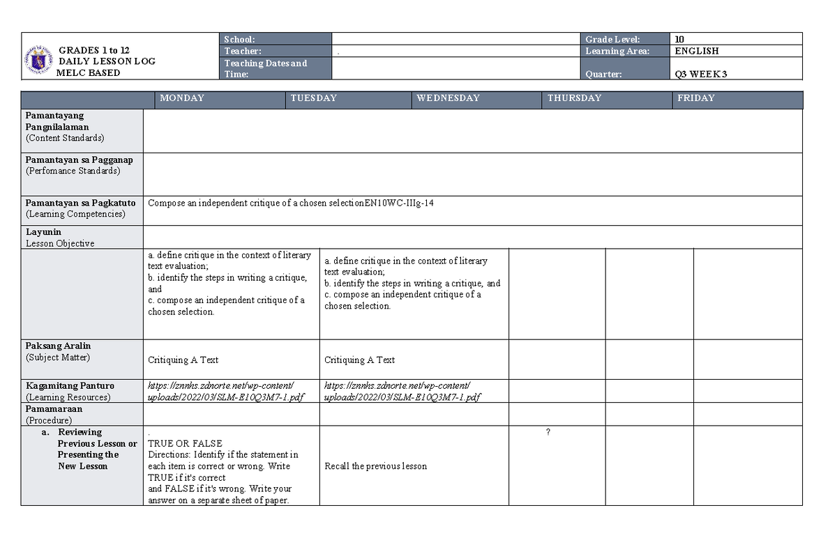 MELC-Based Daily Lesson Log for ENG 10 Q3 Week 3: Critique Writing ...