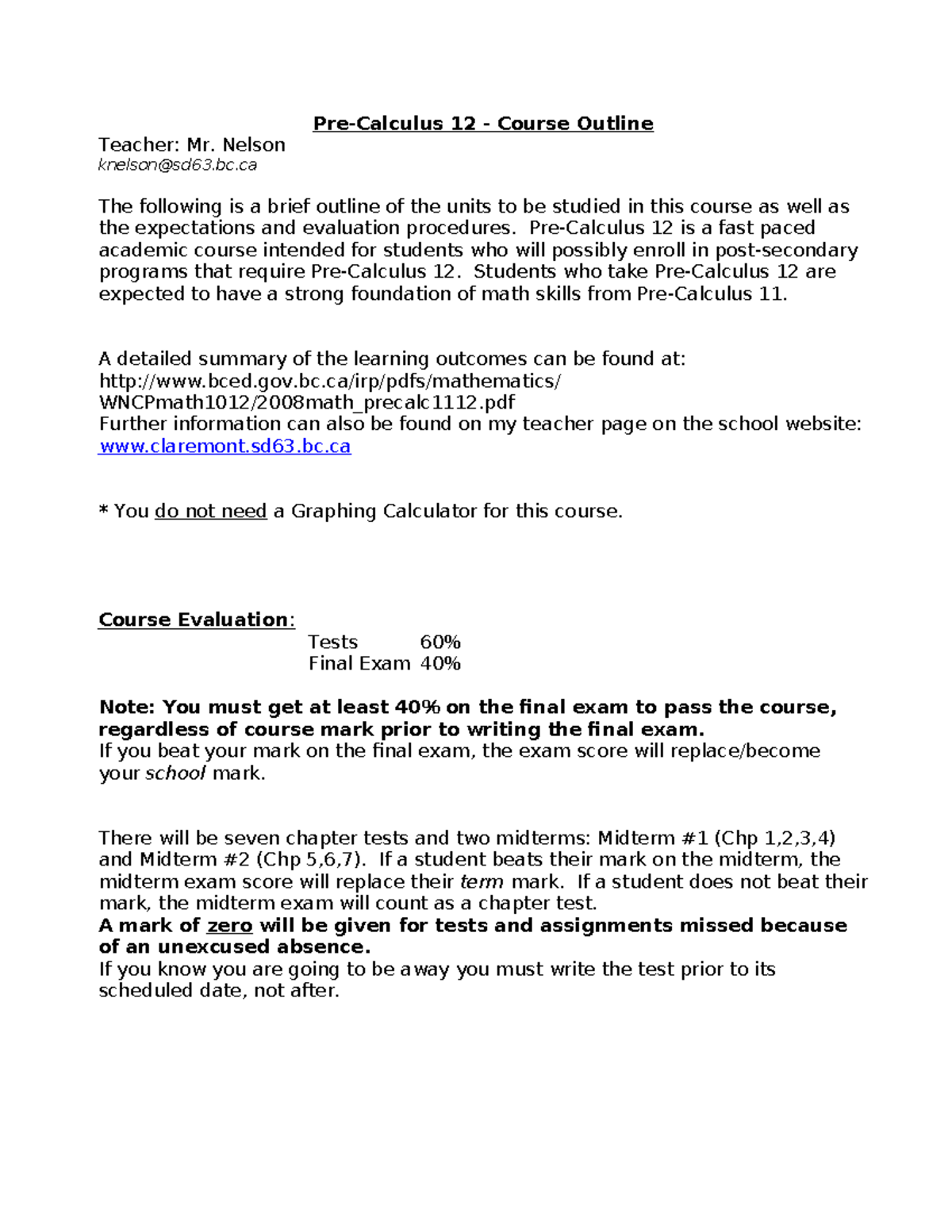 Pre-Calculus 12 Course Outline: Units, Expectations & Evaluation - Studocu