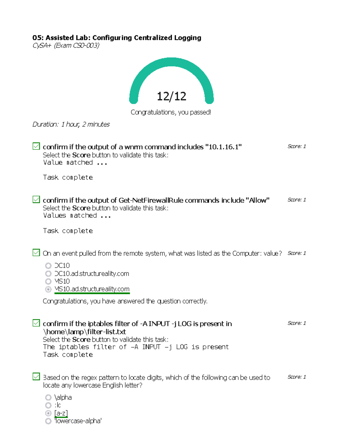 05 CySA+ Lab: Configuring Centralized Logging Tasks and Results - Studocu