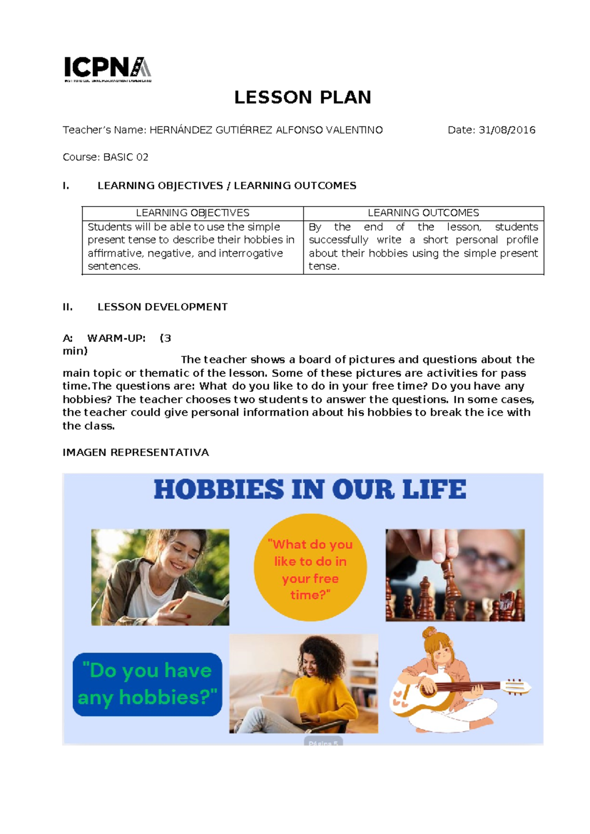 BASIC 02 Lesson Plan: Simple Present Tense for Hobbies - Studocu