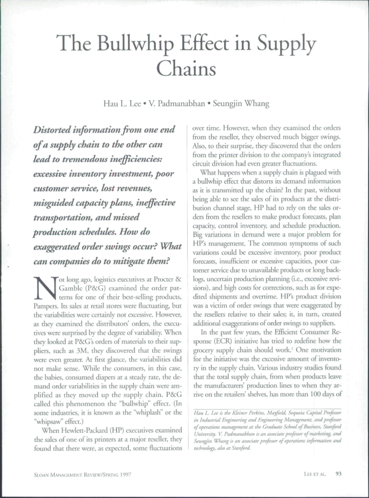 Lee 1997 - Understanding the Bullwhip Effect in Supply Chains - Studocu
