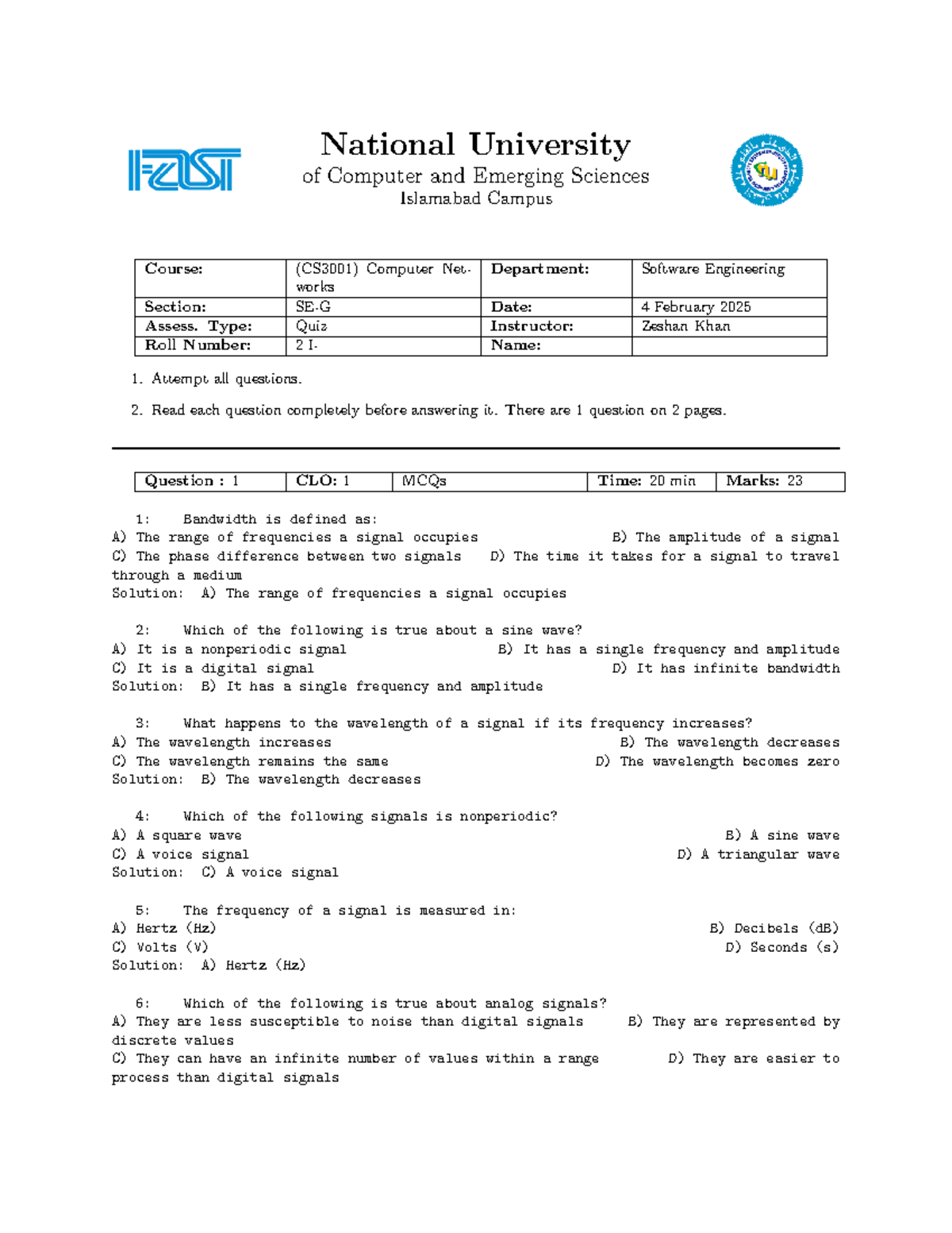 CS3001 Quiz 2 - Computer Networks Questions & Solutions - Studocu