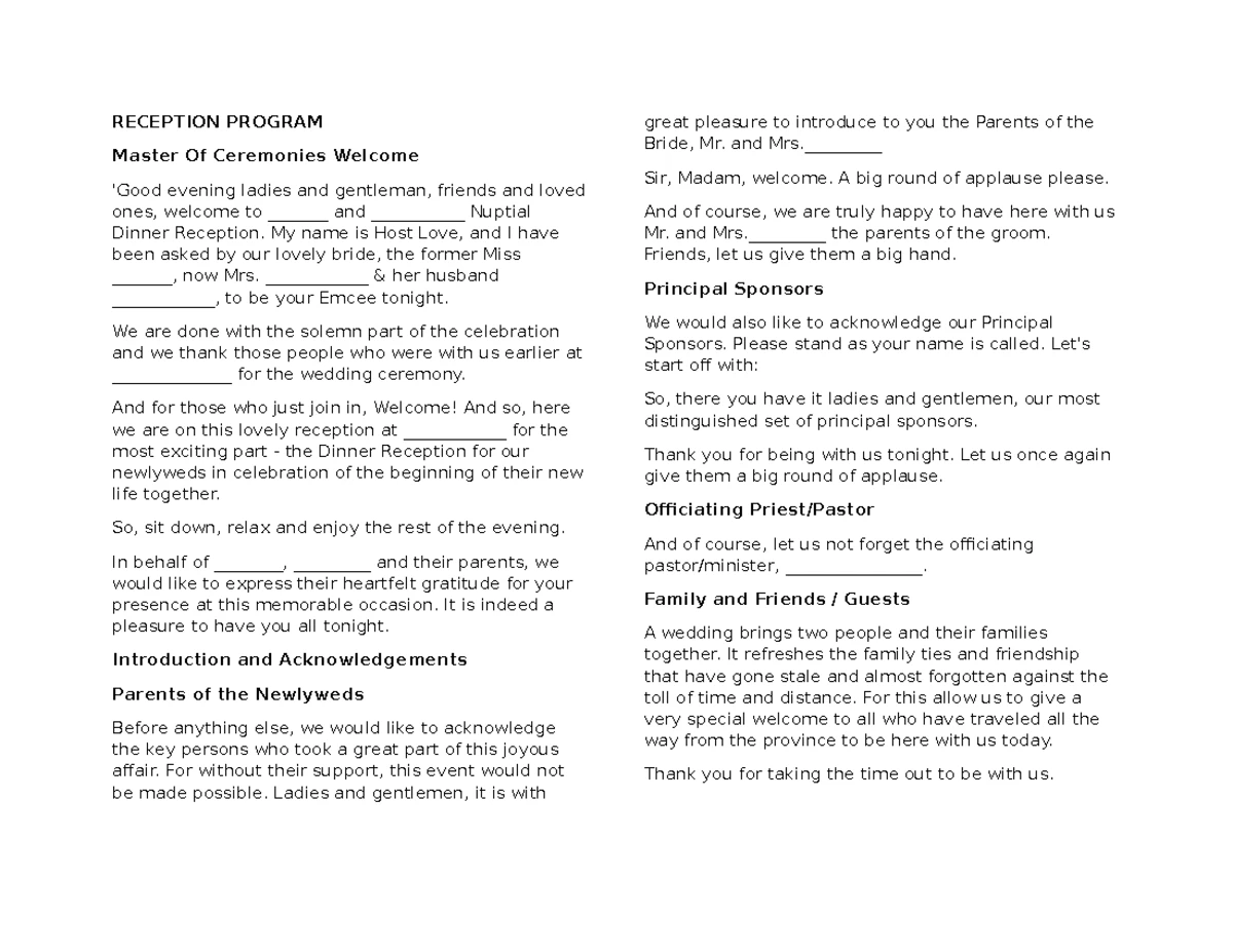 Wedding Program Flow: A Script for Celebration Events - Studocu