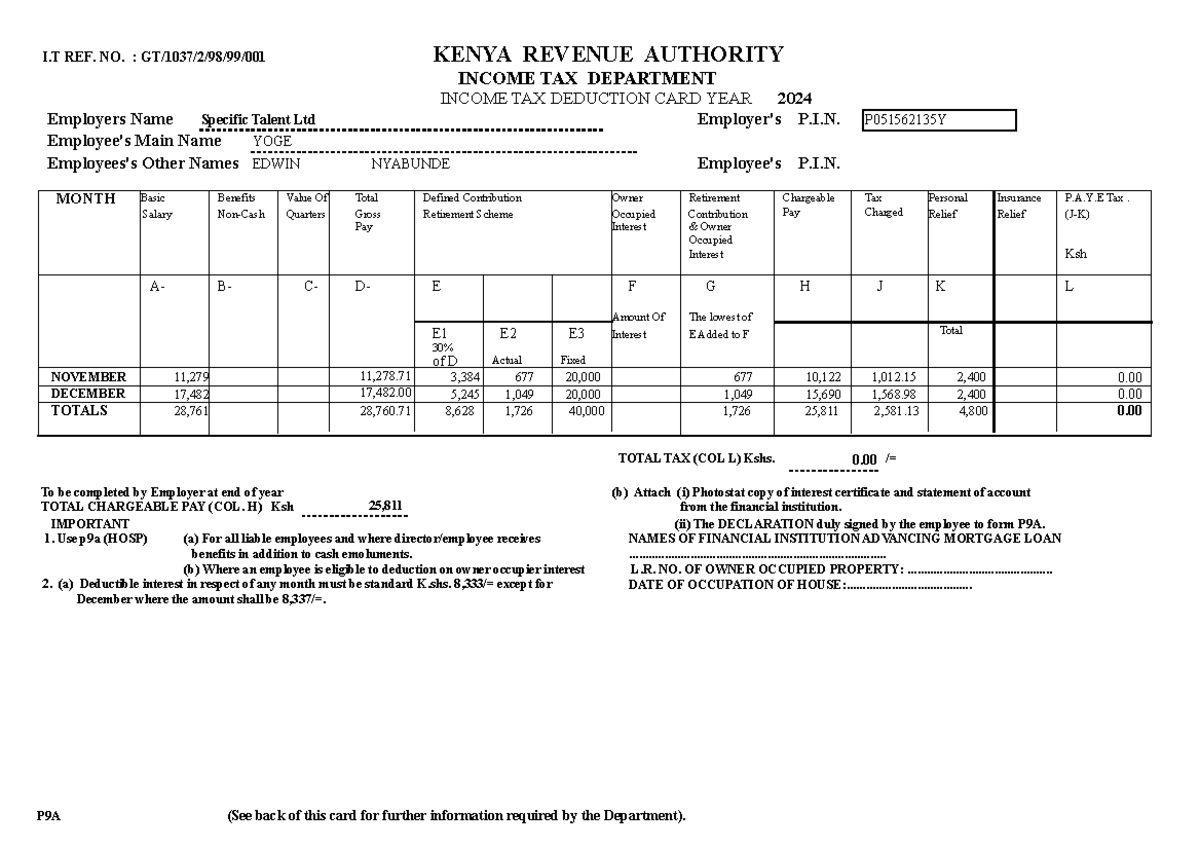 2024 Income Tax Deduction Card for Edwin Nyabunde - P9 Form - Studocu