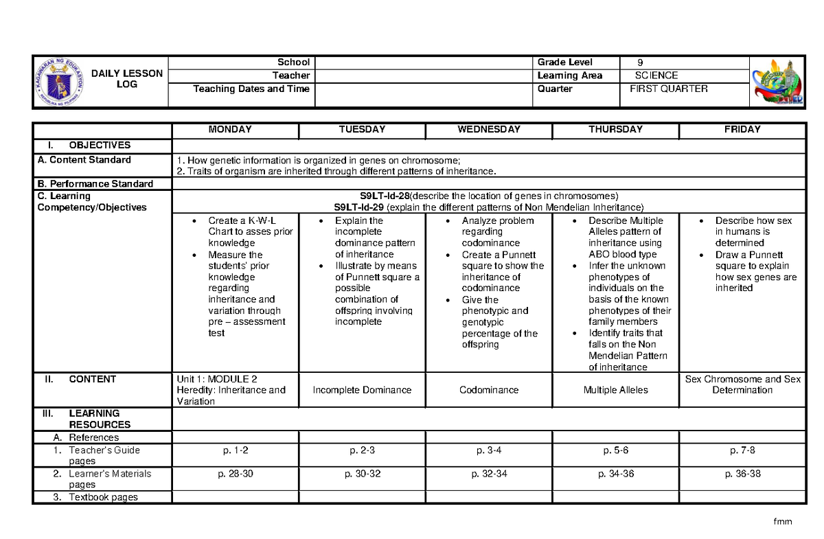 Daily Lesson Log (DLL) for Grade 9 Science: 1st Quarter Inheritance ...