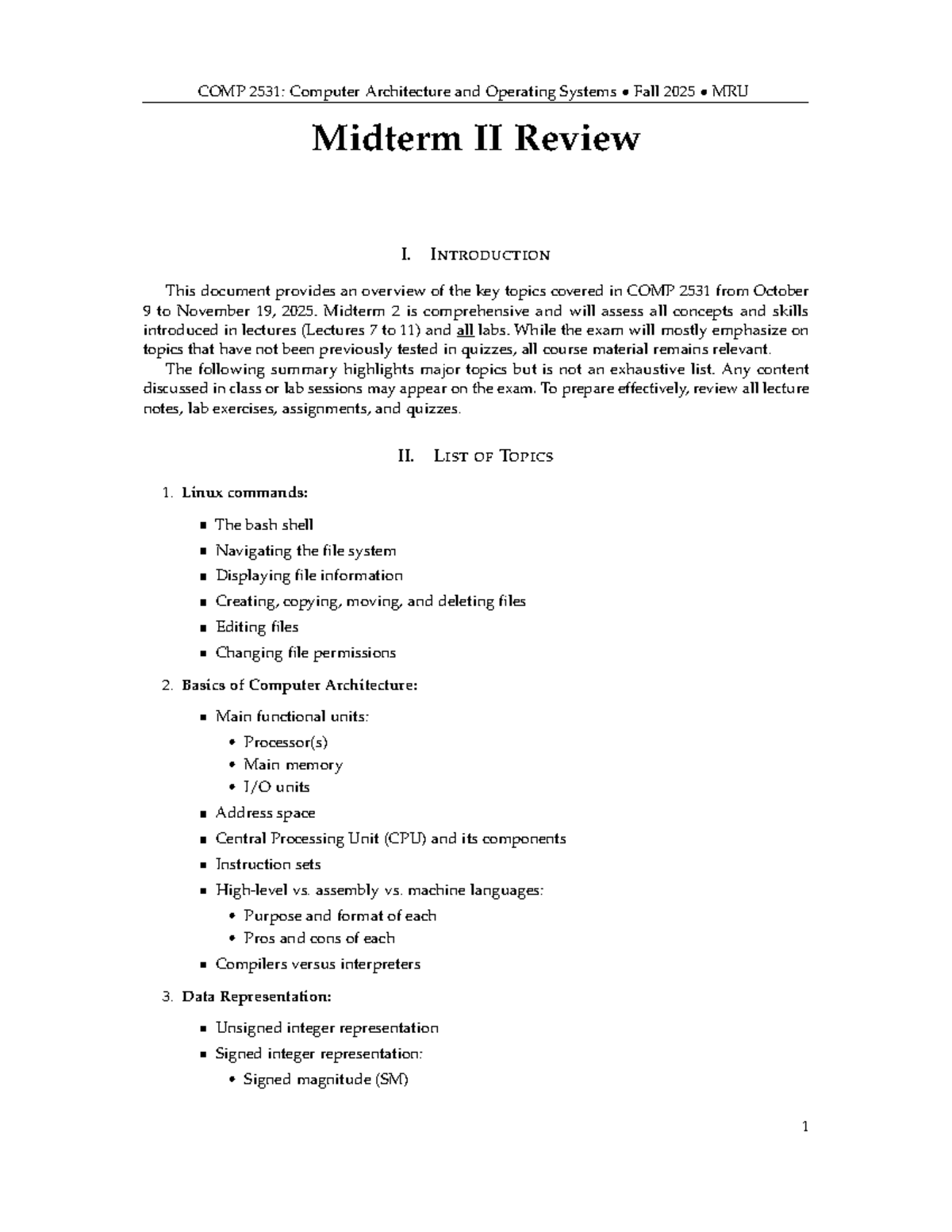 COMP 2531: Midterm II Review for Computer Architecture & OS - Studocu