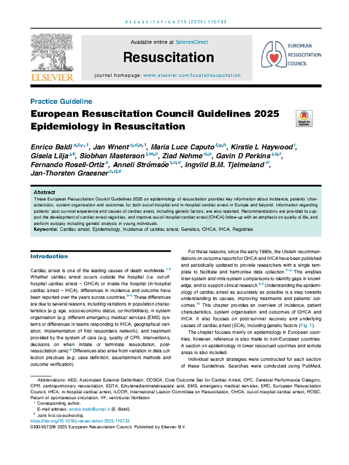 European Resuscitation Council Guidelines 2025: Epidemiology of Cardiac ...