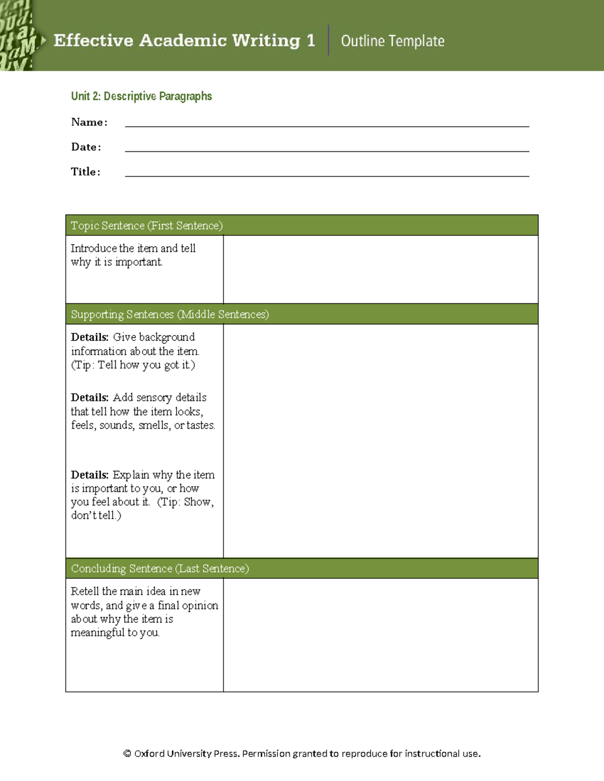 EAW1 Unit 2: Descriptive Paragraphs Outline Notes - Studocu
