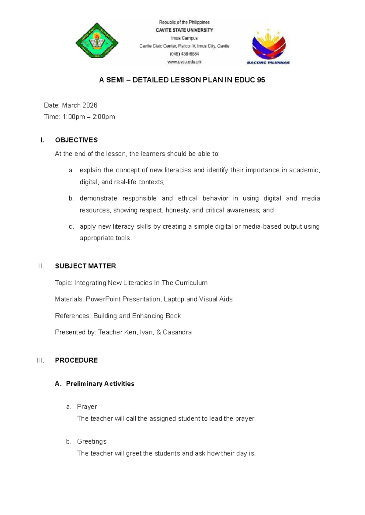 A Semi-Detailed Lesson Plan on New Literacies in EDUC 95 - Studocu