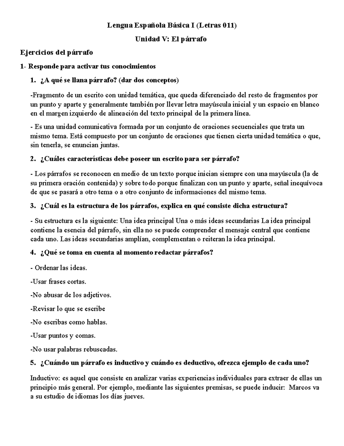 EL Parrafo 011 - Lengua Española Básica I (Letras 011) **Unidad V: El ...