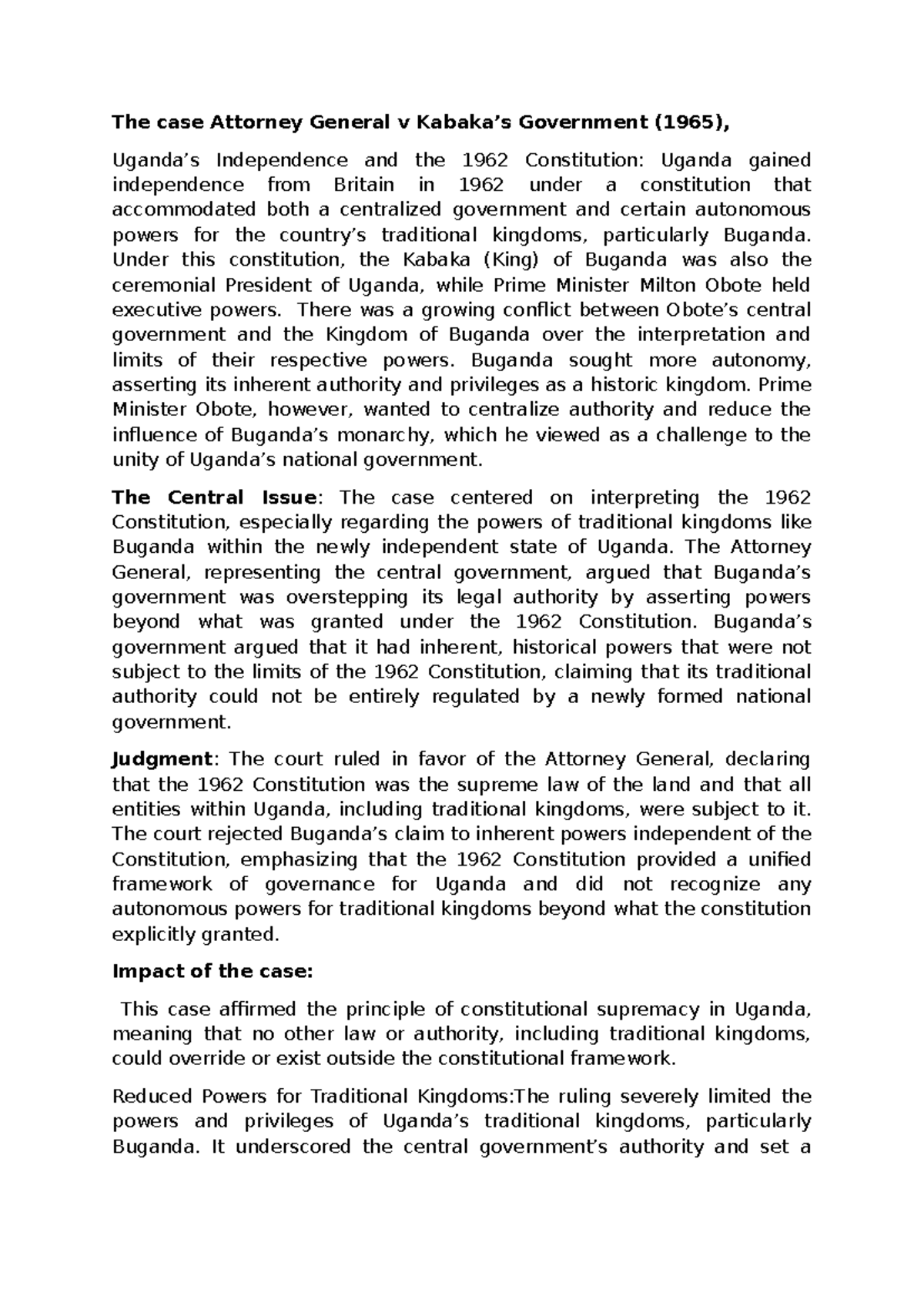 LLB Case Review: Attorney General v Kabaka's Government (1965) - Studocu