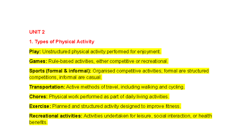 PE Exam Unit 2: Understanding Physical Activity Types & Benefits - Studocu