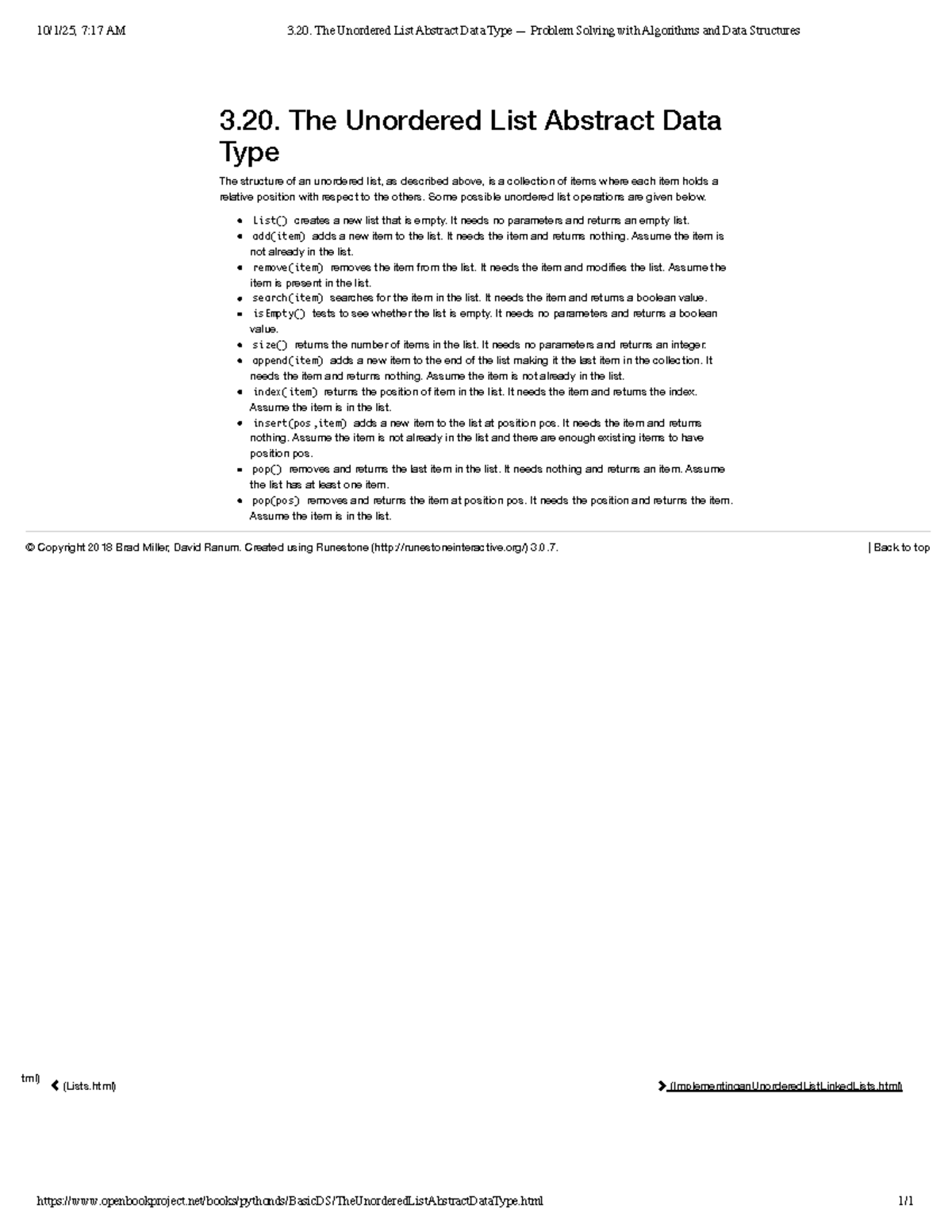 Unordered List ADT - Problem Solving with Algorithms 3.20 - Studocu