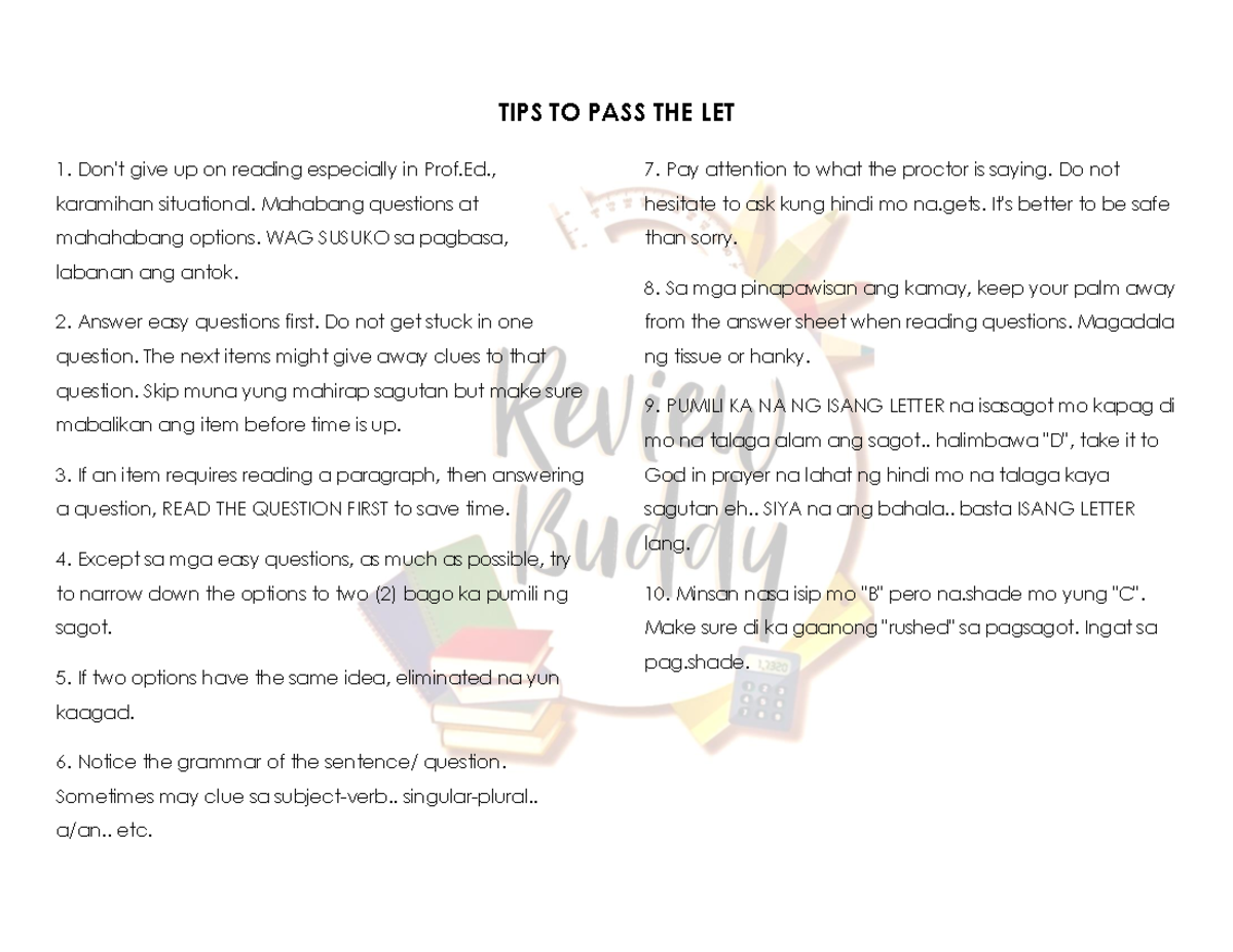 TIPS TO PASS THE LET EXAM (Licensure Exam for Teachers) - Studocu