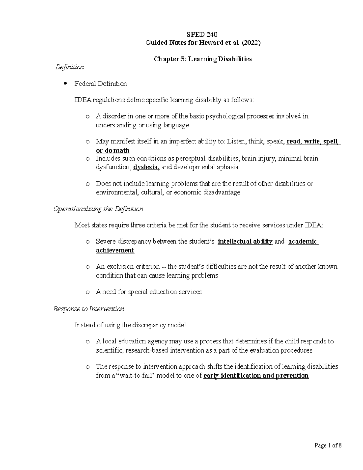 SPED 240 Chapter 5 Guided Notes: Understanding Learning Disabilities ...