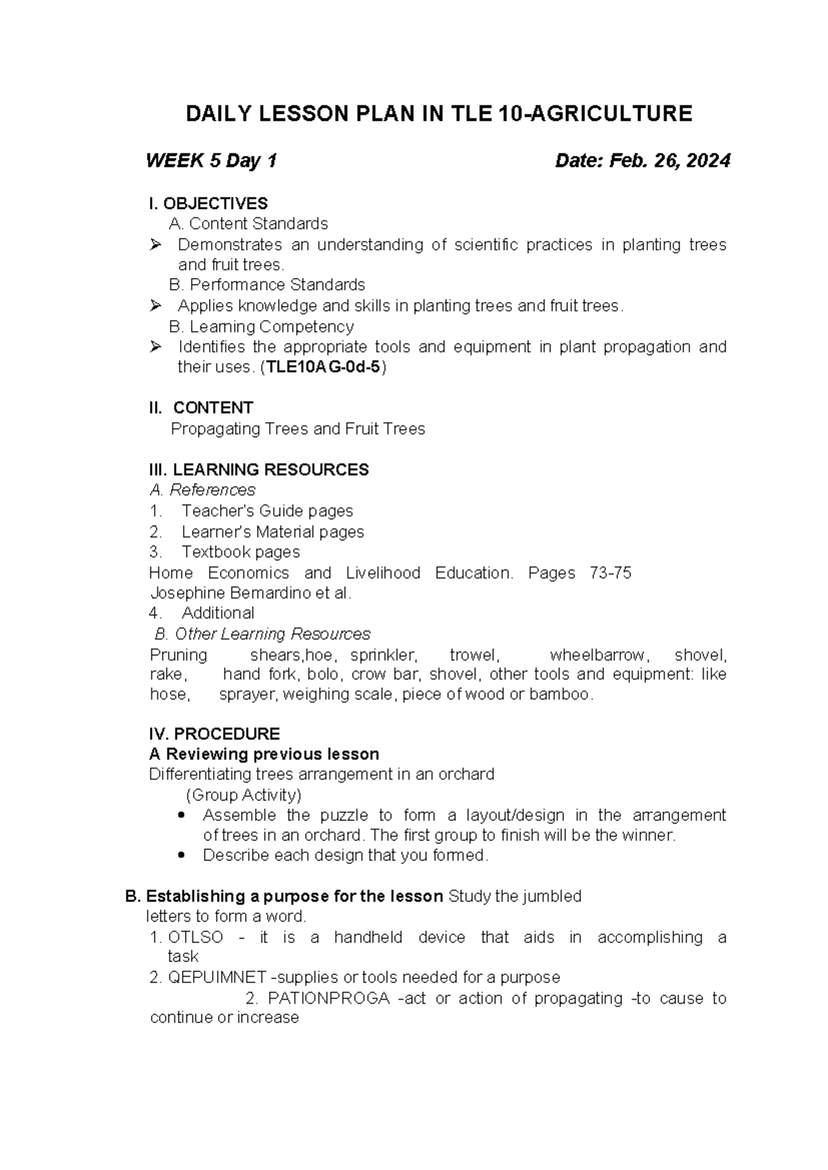 TLE 10 Daily Lesson Plan: Week 5 (Feb 26-28, 2024) on Plant Propagation ...