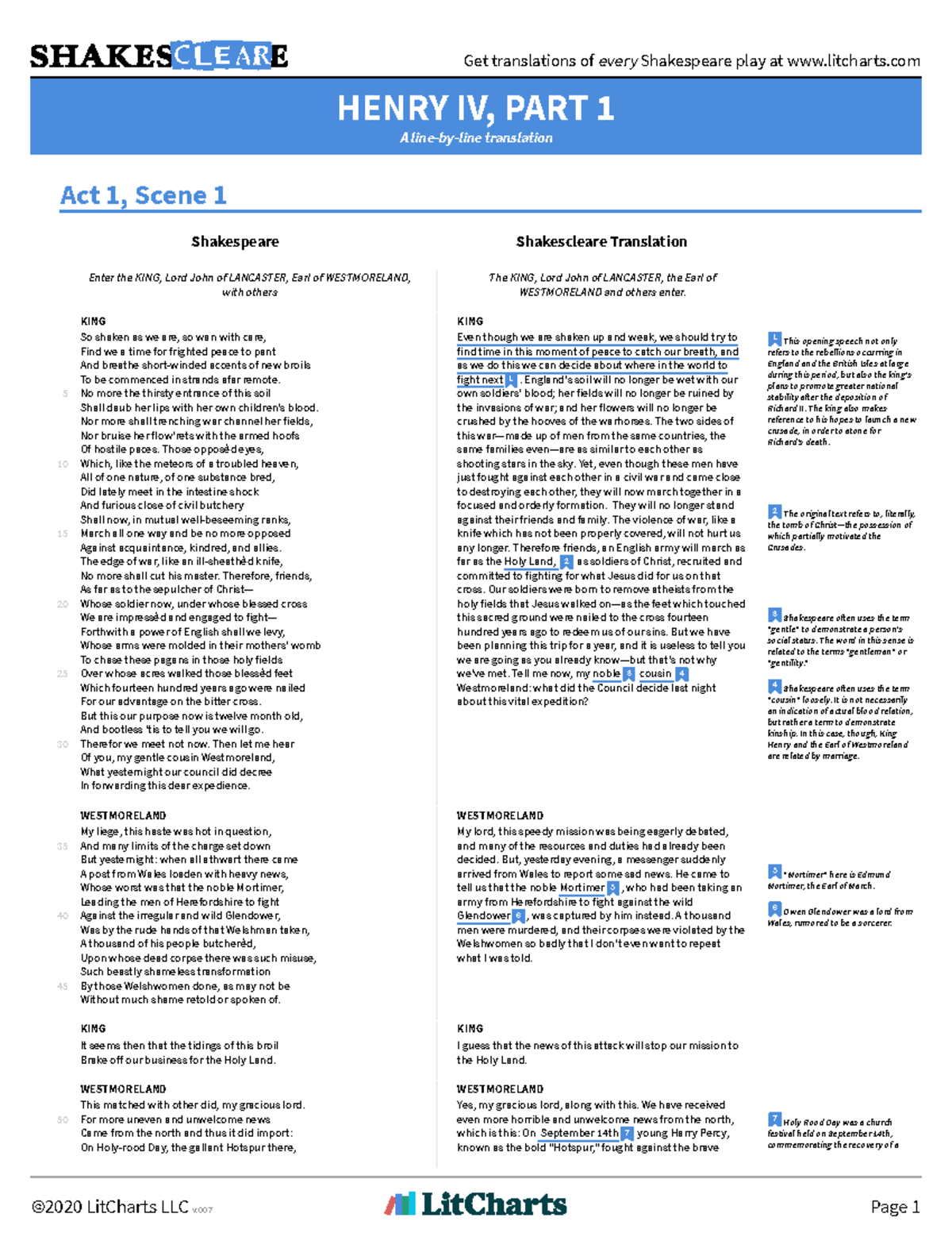 Shakescleare Translation of Henry IV, Part 1: Act 1 Analysis - Studocu