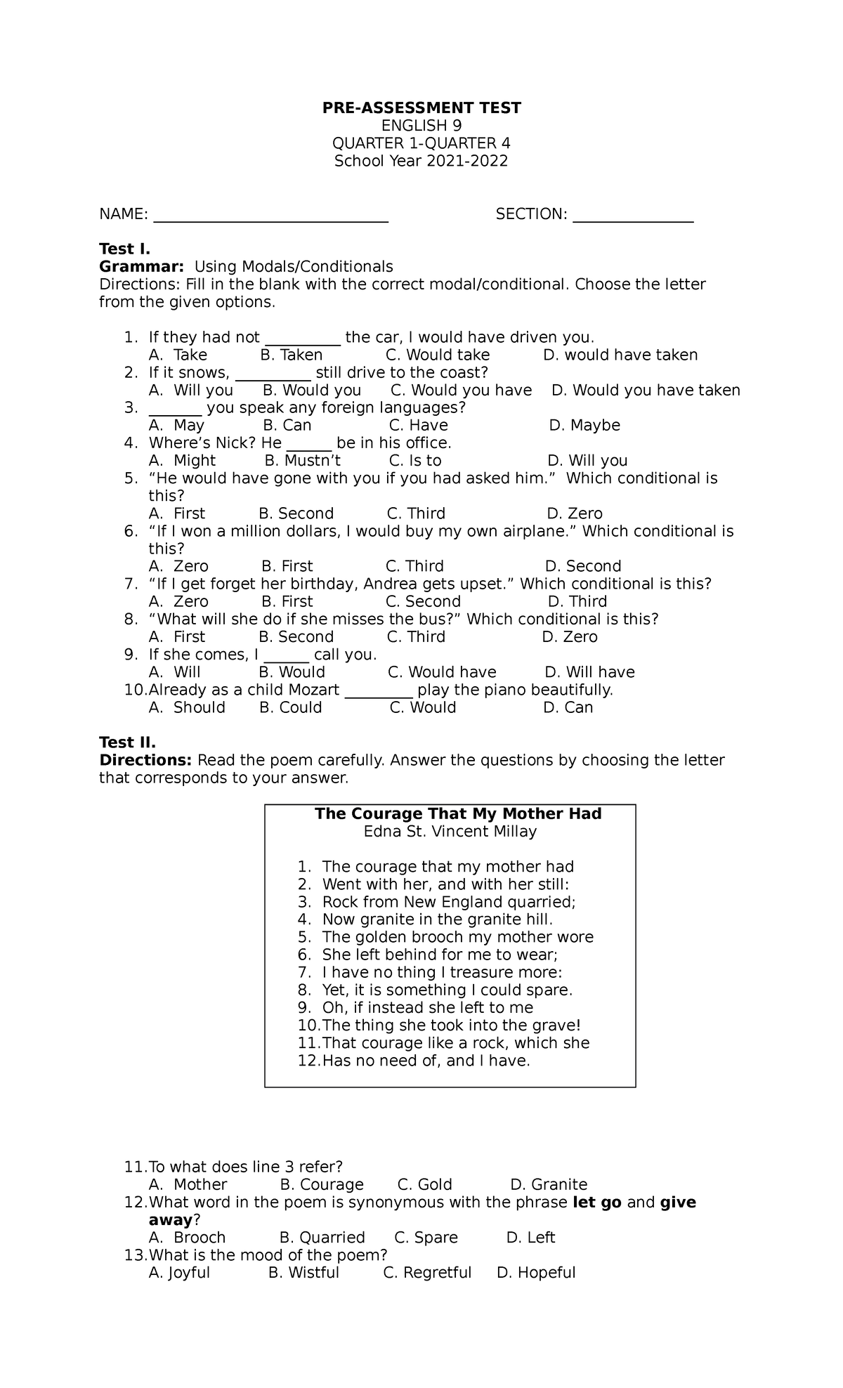 Pretest Q1 Q4 2021 2022 final - PRE-ASSESSMENT TEST ENGLISH 9 QUARTER 1 ...