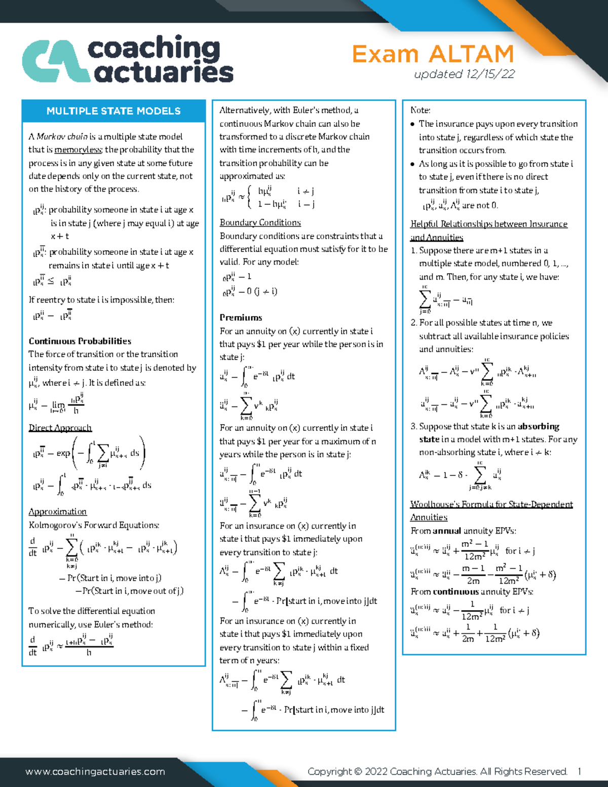 ALTAM Exam Formula Sheet: Key Concepts in Actuarial Science - Studocu
