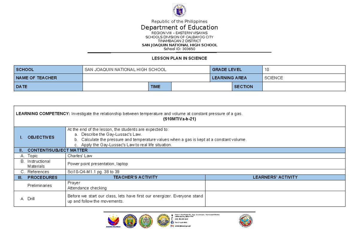 Gay Lussac's Law Lesson Plan (Grade 10 Science) - Studocu