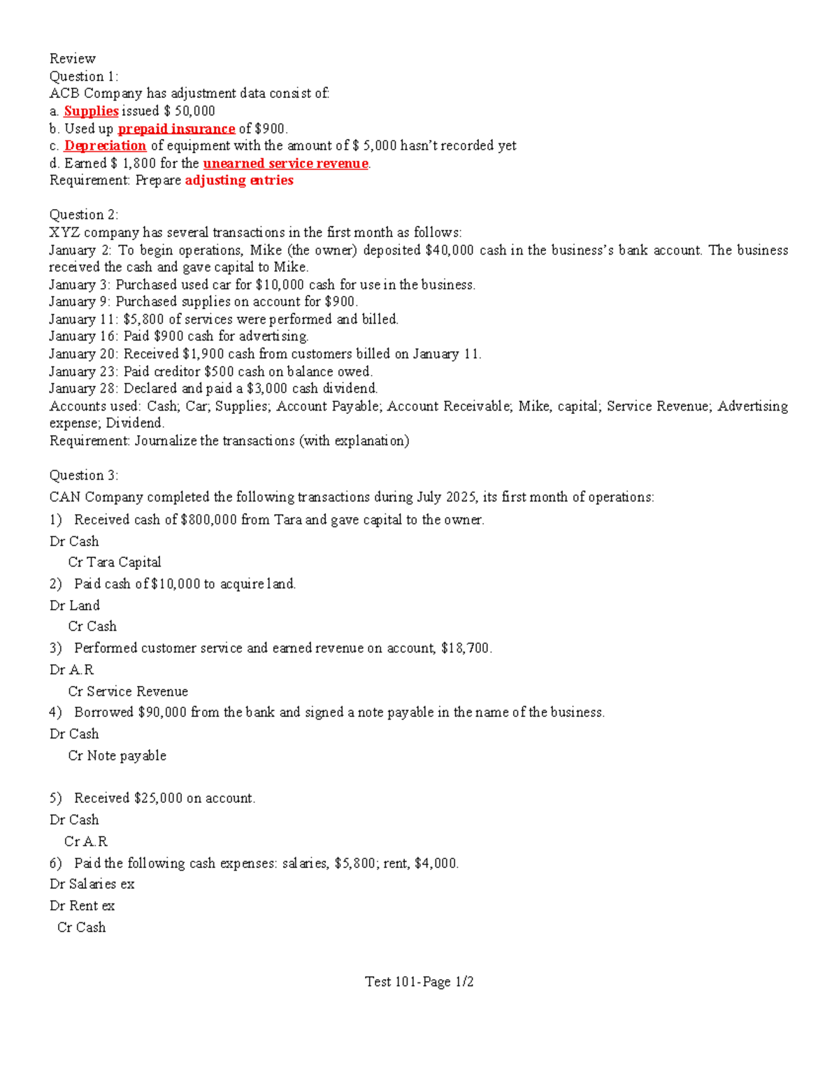 ACB & XYZ Company Adjusting Entries & Transactions Review (Course Code ...