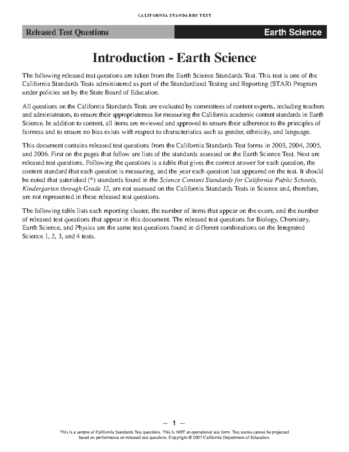 California Standards Test: Released Earth Science Questions (2003-2006 ...
