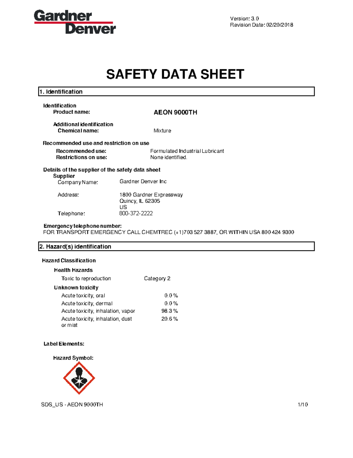 Safety Data Sheet for AEON 9000TH - Hazard Details and Handling - Studocu