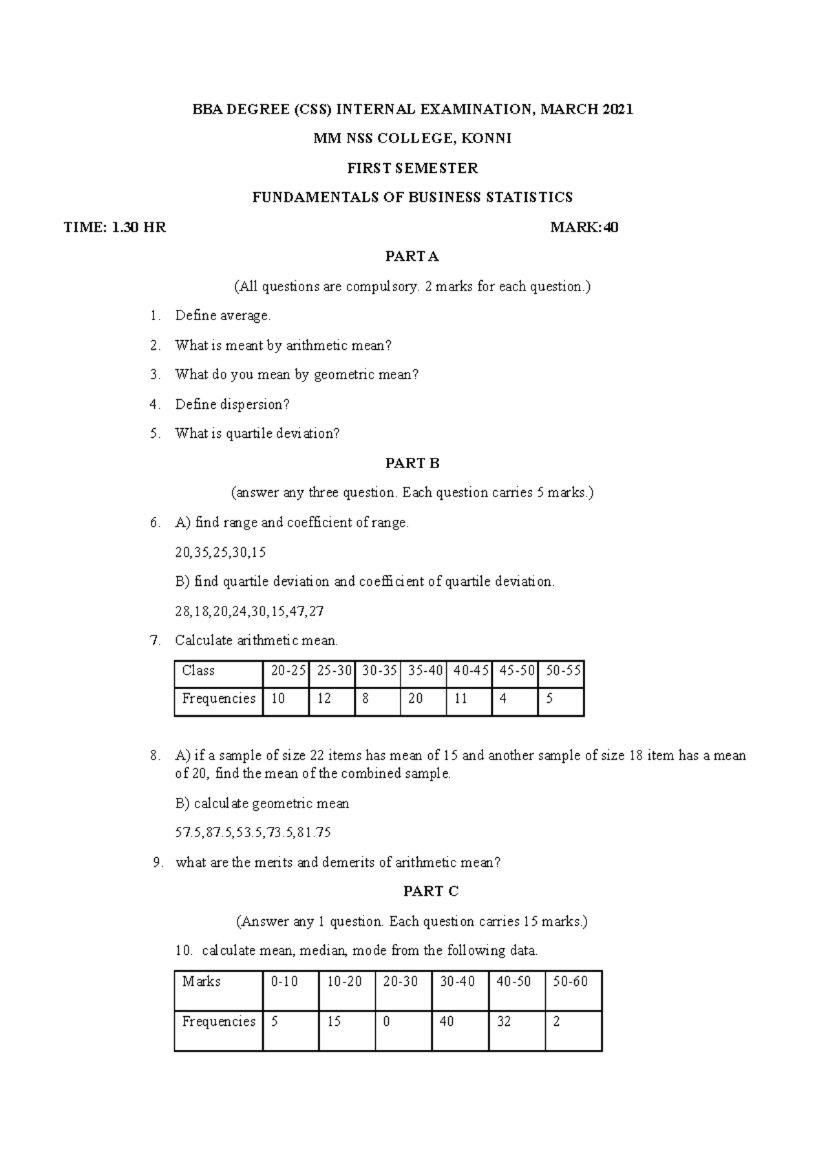 BBA Statistics Internal Examination Question Paper - March 2021 - Studocu