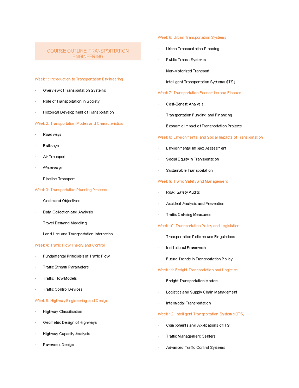 Transportation Engineering Course Outline: Key Topics and Concepts ...