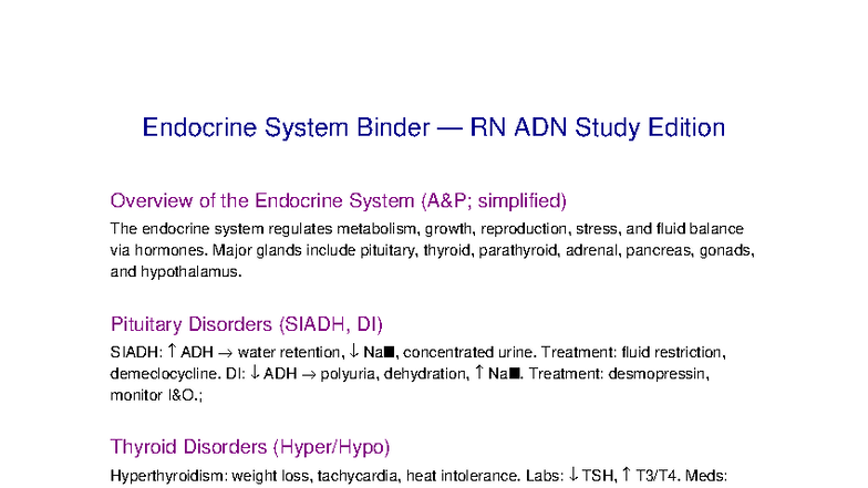 Endocrine System Overview: RN ADN Study Guide - Studocu