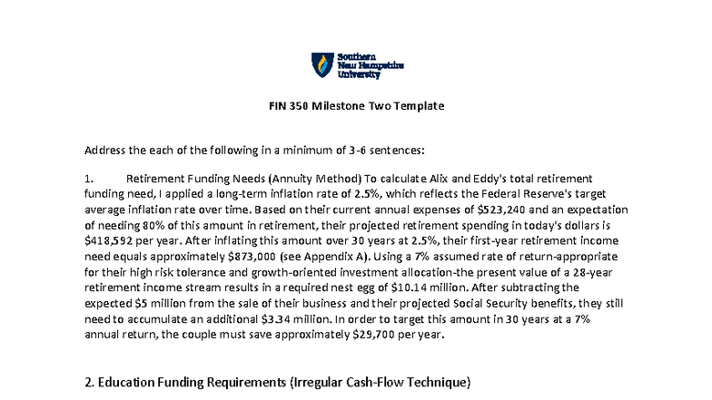 FIN 350 Milestone Two: Retirement & Education Funding Analysis - Studocu