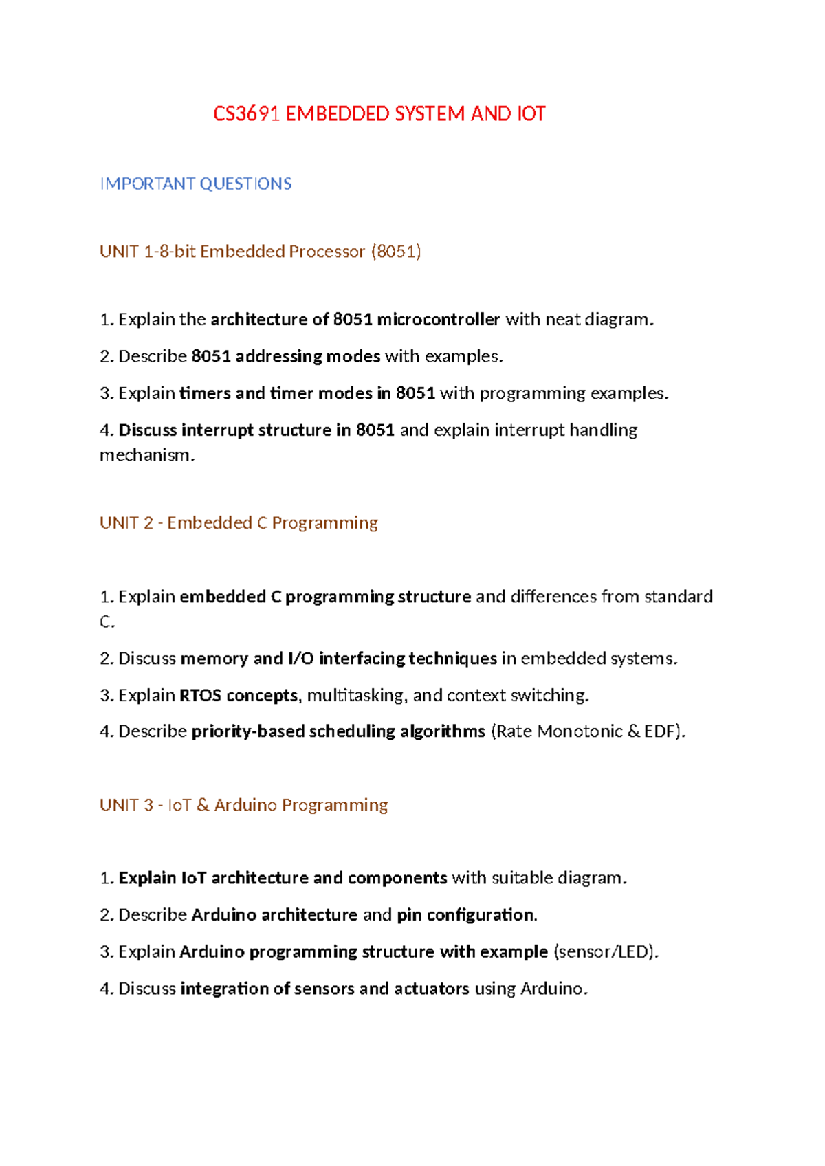 CS3691 EMBEDDED SYSTEM AND IOT IMPORTANT QUESTIONS OVERVIEW - Studocu
