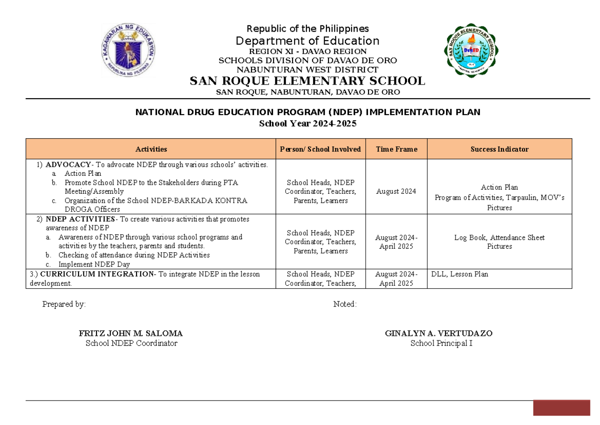 NDEP Action Plan 2024-2025 for San Roque Elementary School - Studocu