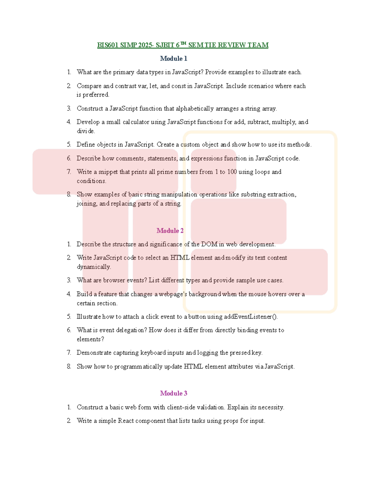 BIS601 SIMP SJBIT 6TH SEM TIE REVIEW - JavaScript Concepts & DOM - Studocu
