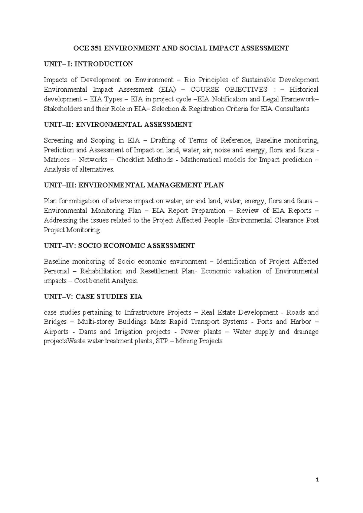 OCE 351 Environmental and Social Impact Assessment I: Overview and Case ...