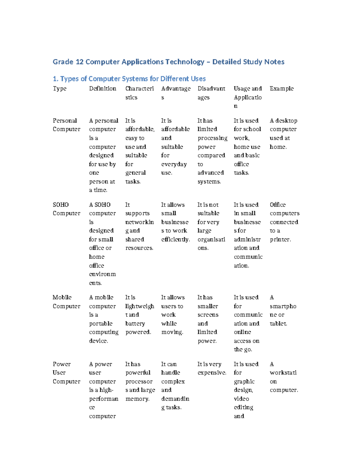 Grade 12 CAT Detailed Study Notes: Types of Computer Systems - Studocu